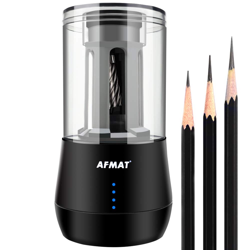 AFMAT Rechargeable Long Point Pencil Sharpener for Artist, 3 Point Options, Auto Stop, 8-25mm Super Long Tip, Electric Artist Pencil Sharpener for Ď6-8.5mm Charcoal/Drawing/Sketching/Colored Pencils