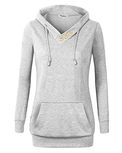 VOIANLIMO Women's Sweatshirts Long Sleeve Button V-Neck Pockets Pullover Hoodies Silver XL
