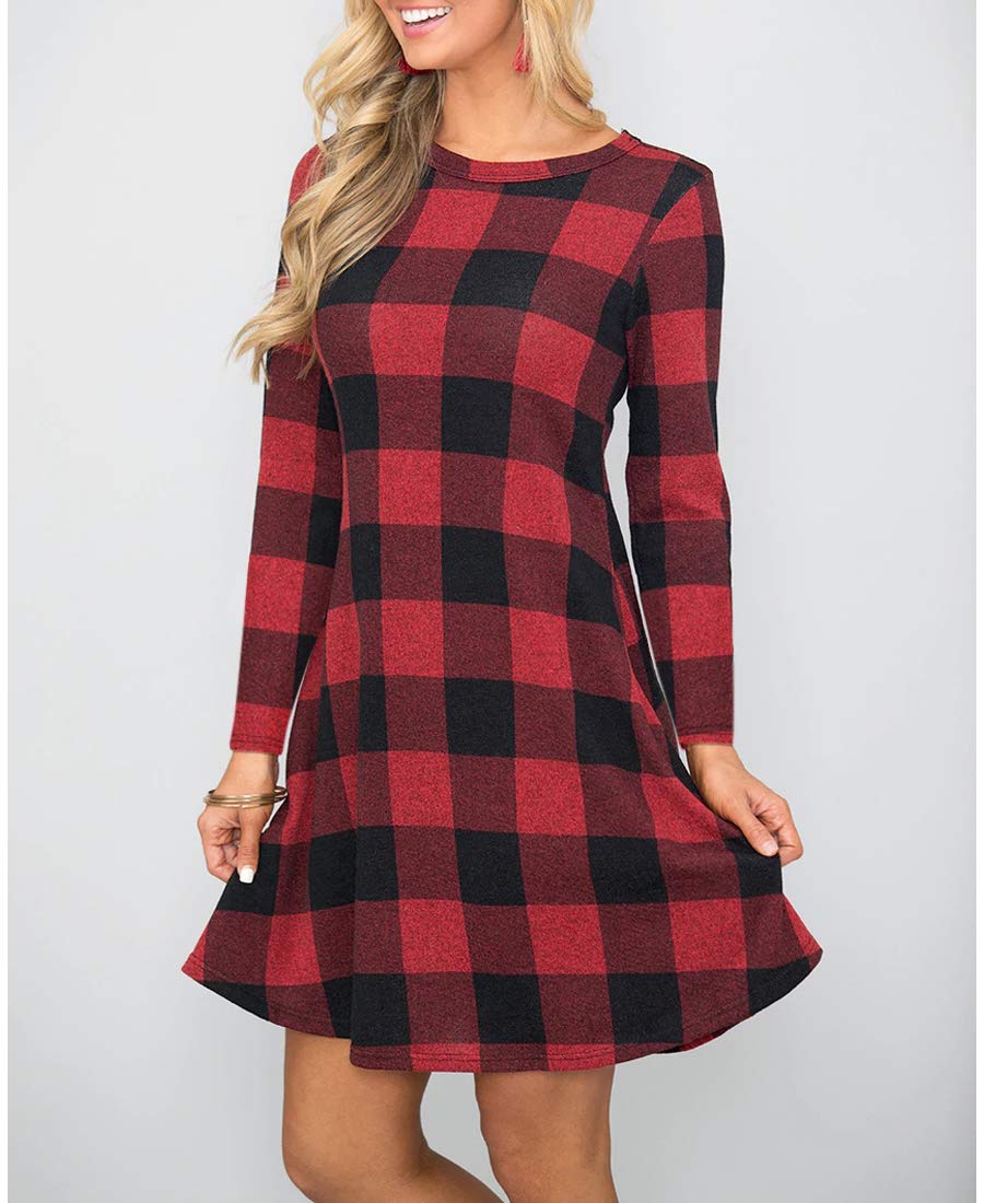 MIROL Women's Long Sleeve Plaid Color Block Casual Swing Loose Fit Tunic Dress