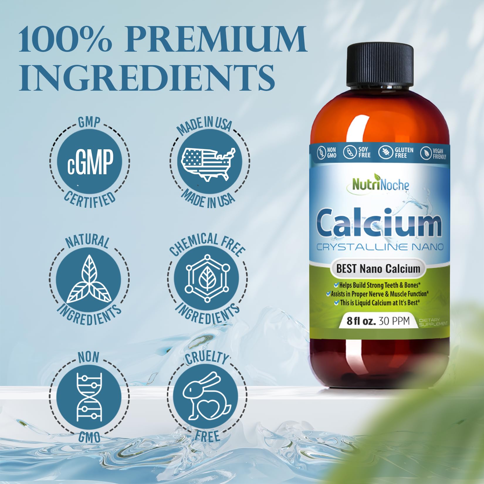 NutriNoche Liquid Calcium Supplement - 99.99% Ultra Pure Crystalline Nano Calcium for Women, Men & Children - Calcium Citrate Alternative - Absorbed at a Cellular Level Sublingually - 30 ppm