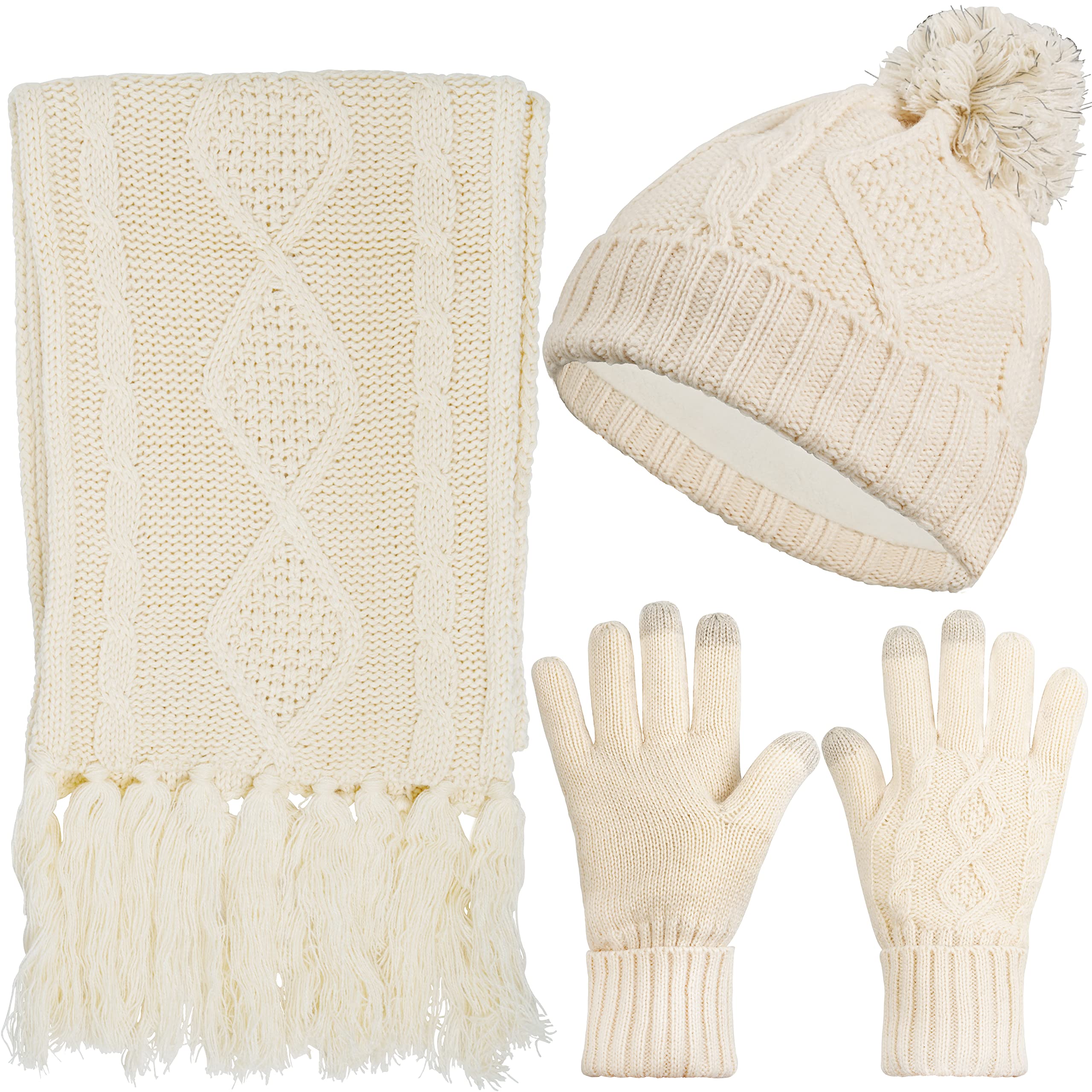 Winter Hat Gloves Scarf Set Women, Beanie with Pom Touchscreen Gloves Warm Knit Long Scarf 3 in 1 Set Gift for Women