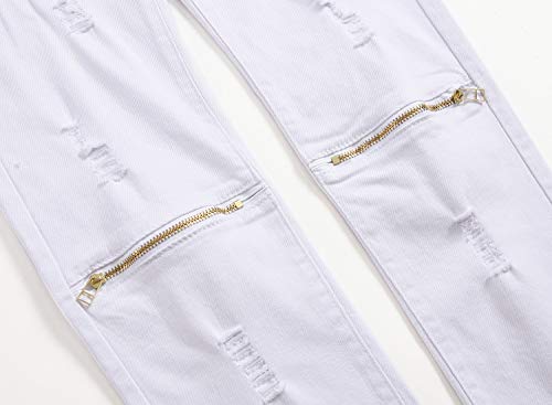 Kihatwin Boy's Skinny Ripped Jeans Slim Fit Distressed Zipper Pants with Holes White 12