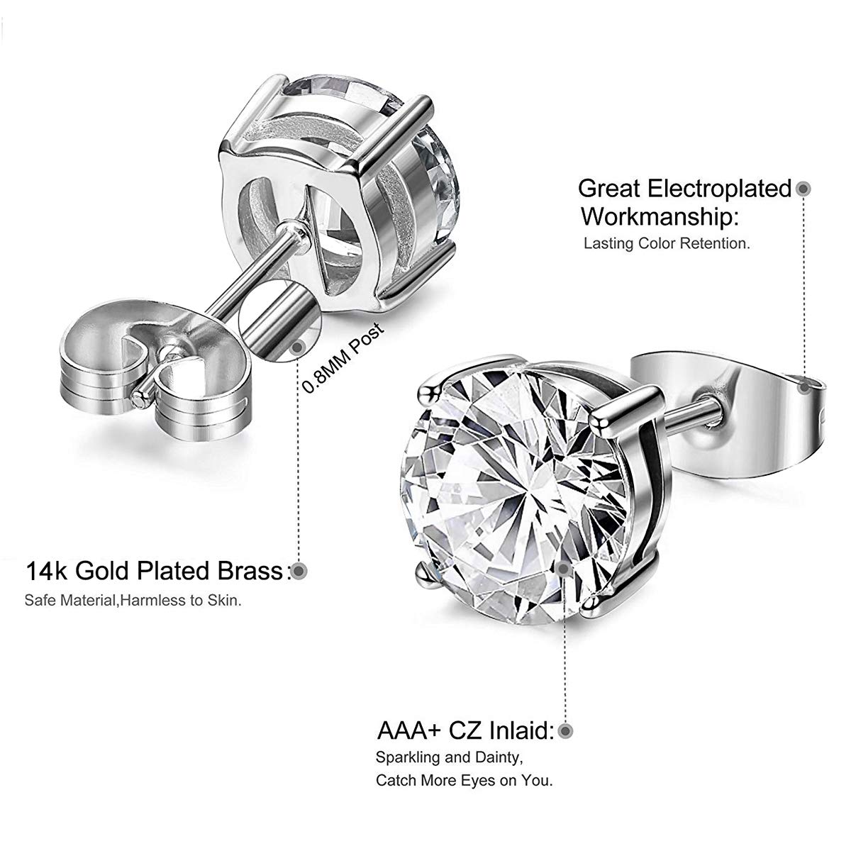 Women's 14K White Plated CZ Stud Earrings Simulated Diamond Round Cubic Zirconia Ear Stud Set(5 Pairs)