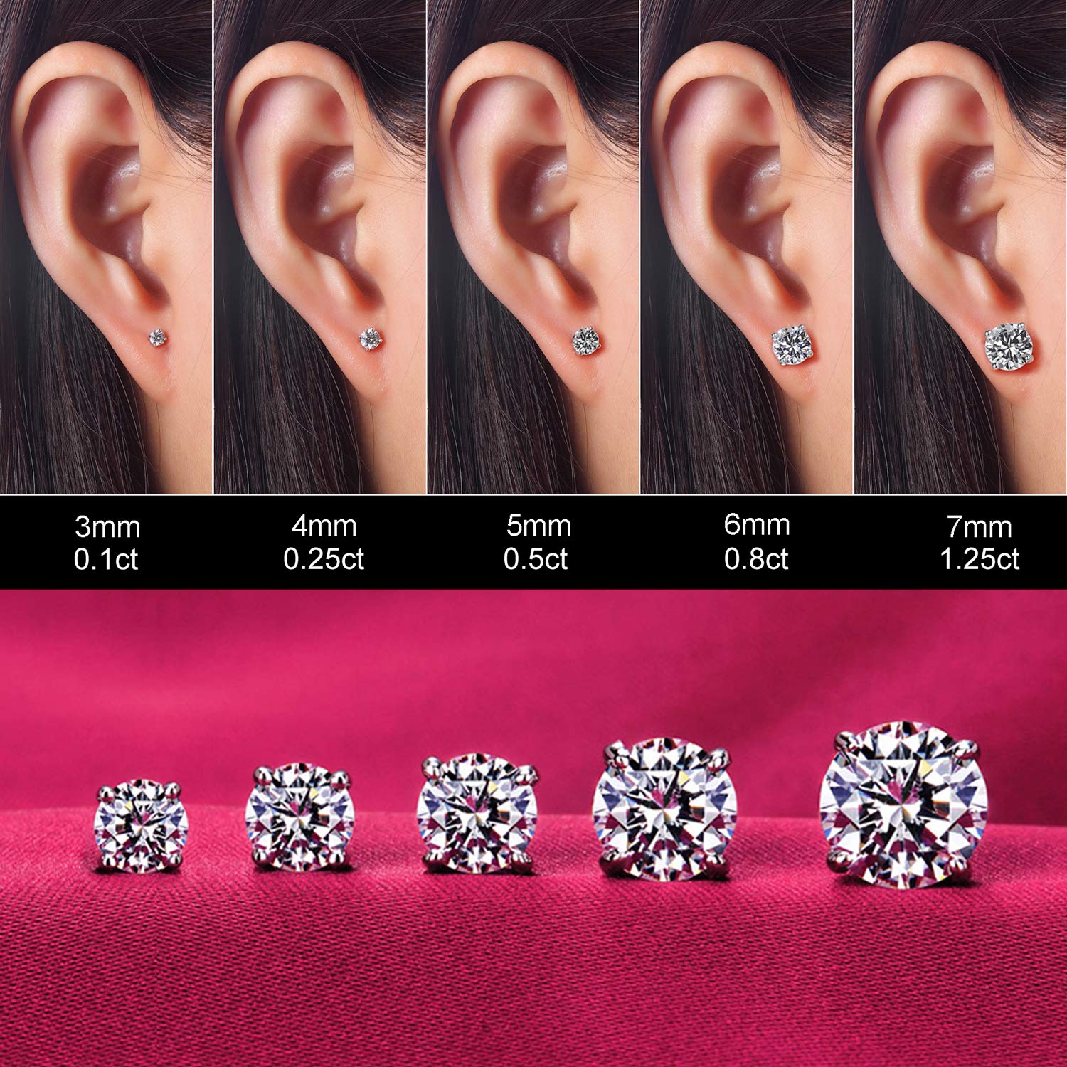 Women's 14K White Plated CZ Stud Earrings Simulated Diamond Round Cubic Zirconia Ear Stud Set(5 Pairs)