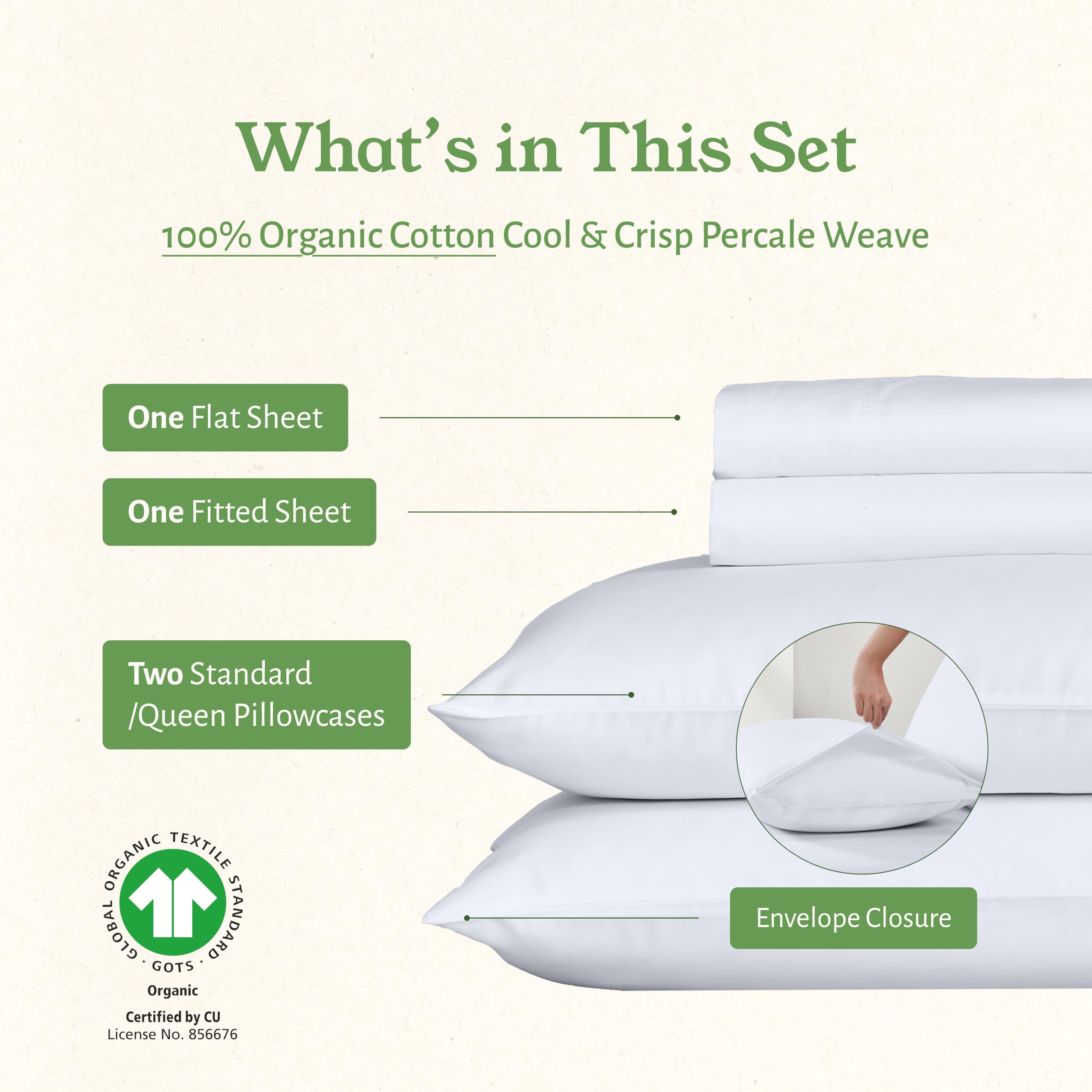 California Design Den 100% Organic Cotton Sheets Full Size Bed Set - Crisp Percale, Deep Pocket Cooling Sheets, GOTS Certified, Soft, Breathable and Durable Bedding Set - White