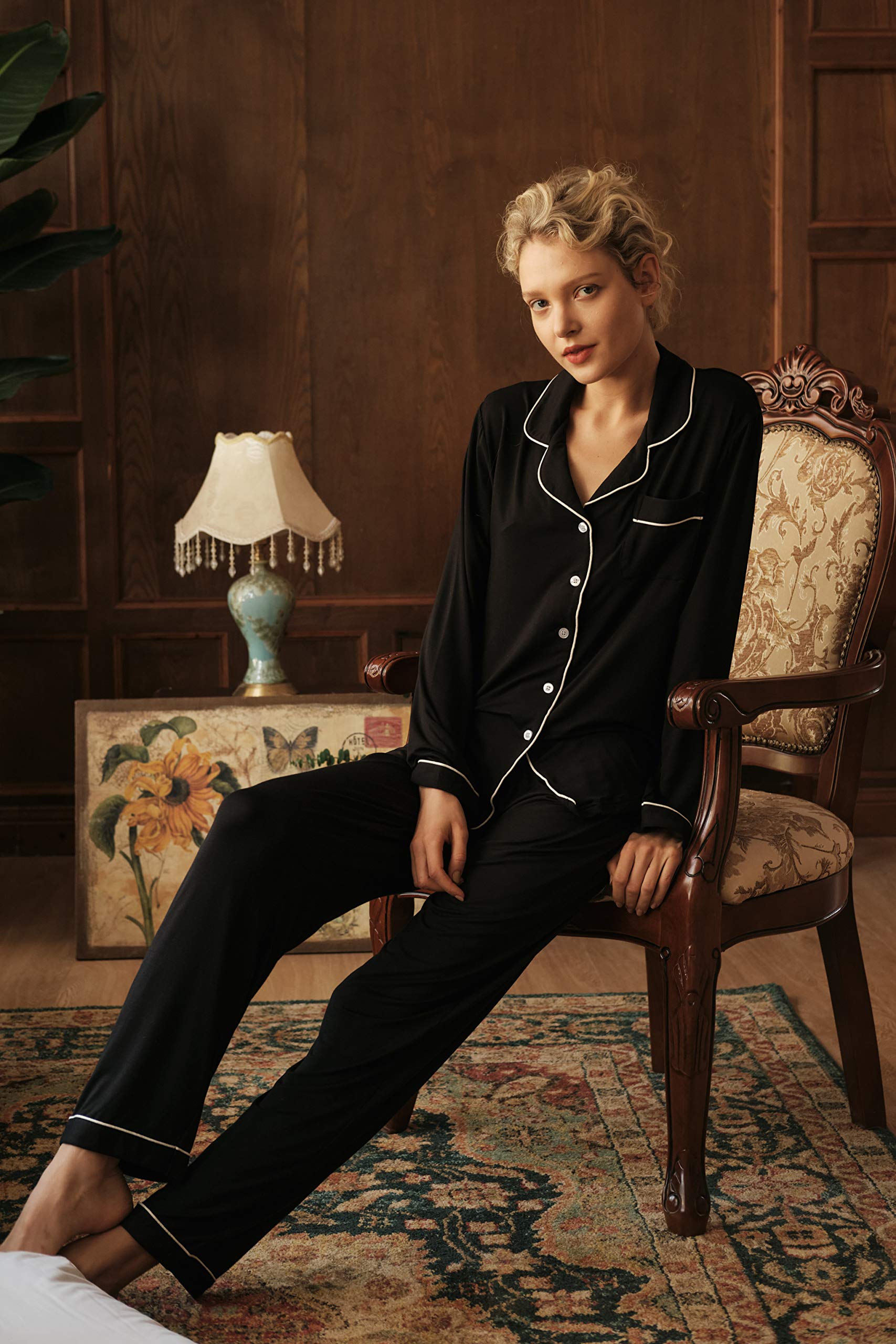 SIORO Womens Pajamas Set Long Sleeve, Button Down Cotton Pj Sets For Women Soft Nightwear,Black With White Piping, Small