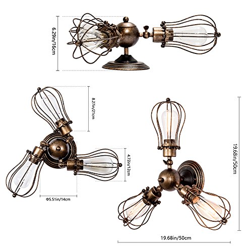 GLADFRESIT Vintage Ceiling Light 3 lights Adjustable Socket Rustic Lamp, Metal Cage Semi-Flush Mount Industrial Ceiling Light Indoor Home Retro Chandeliers Lighting Fixture