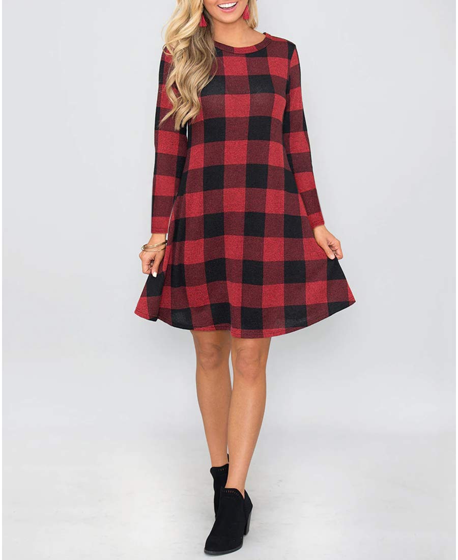MIROL Women's Long Sleeve Plaid Color Block Casual Swing Loose Fit Tunic Dress