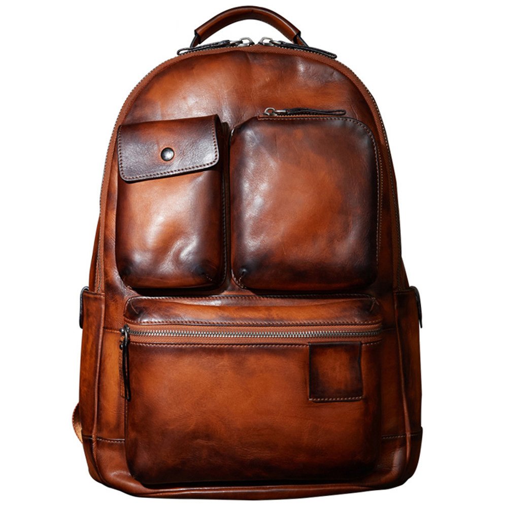 Denny&Dora Genuine Leather Backpack Luxury Vintage Laptop Bag Multi Pockets Bookbag Mens Casual Travel Daypack Large Capacity (Brown)