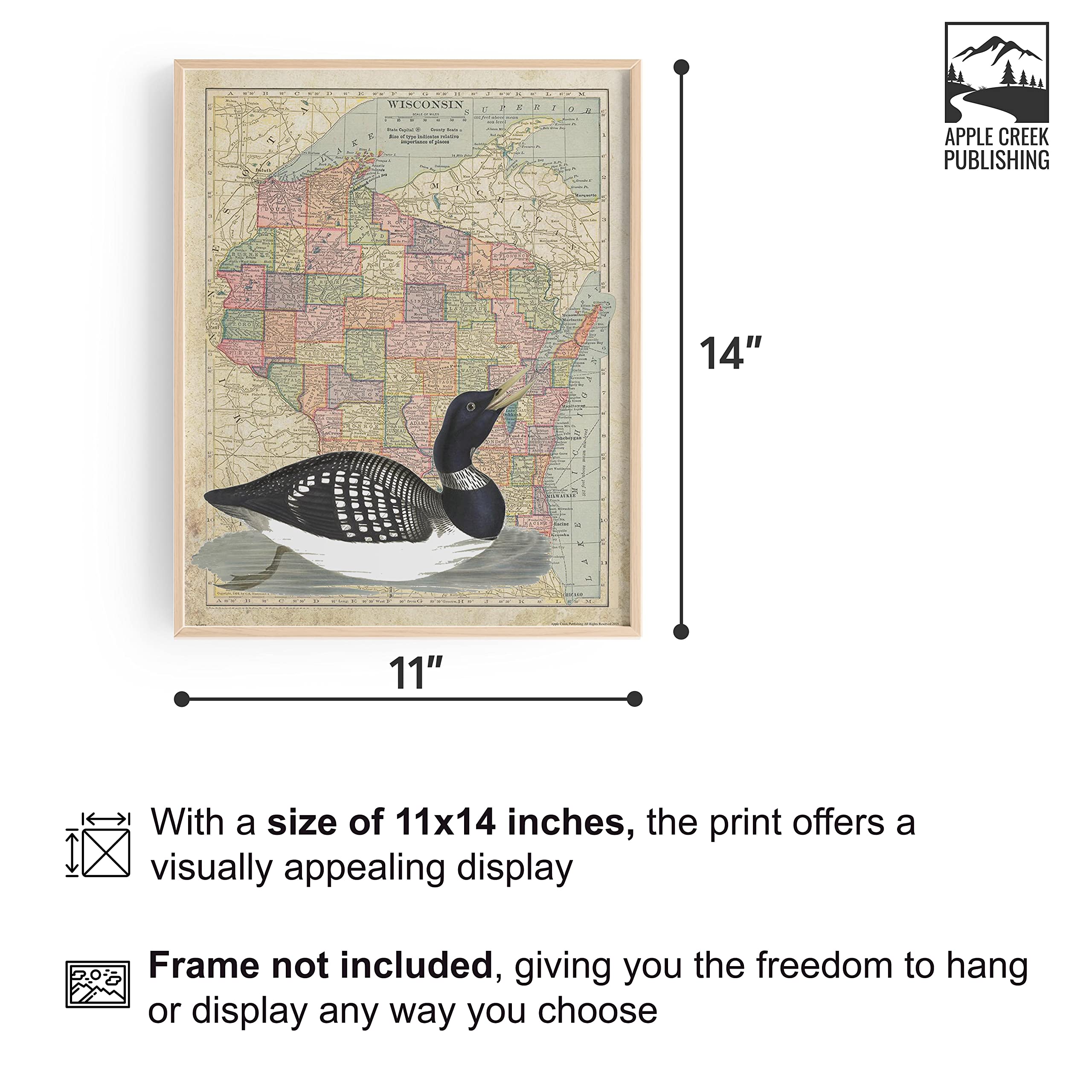 Apple Creek Wisconsin State Map Common Loon Call Decoy Poster Art Print 11x14 Cabin Wall Decor Pictures