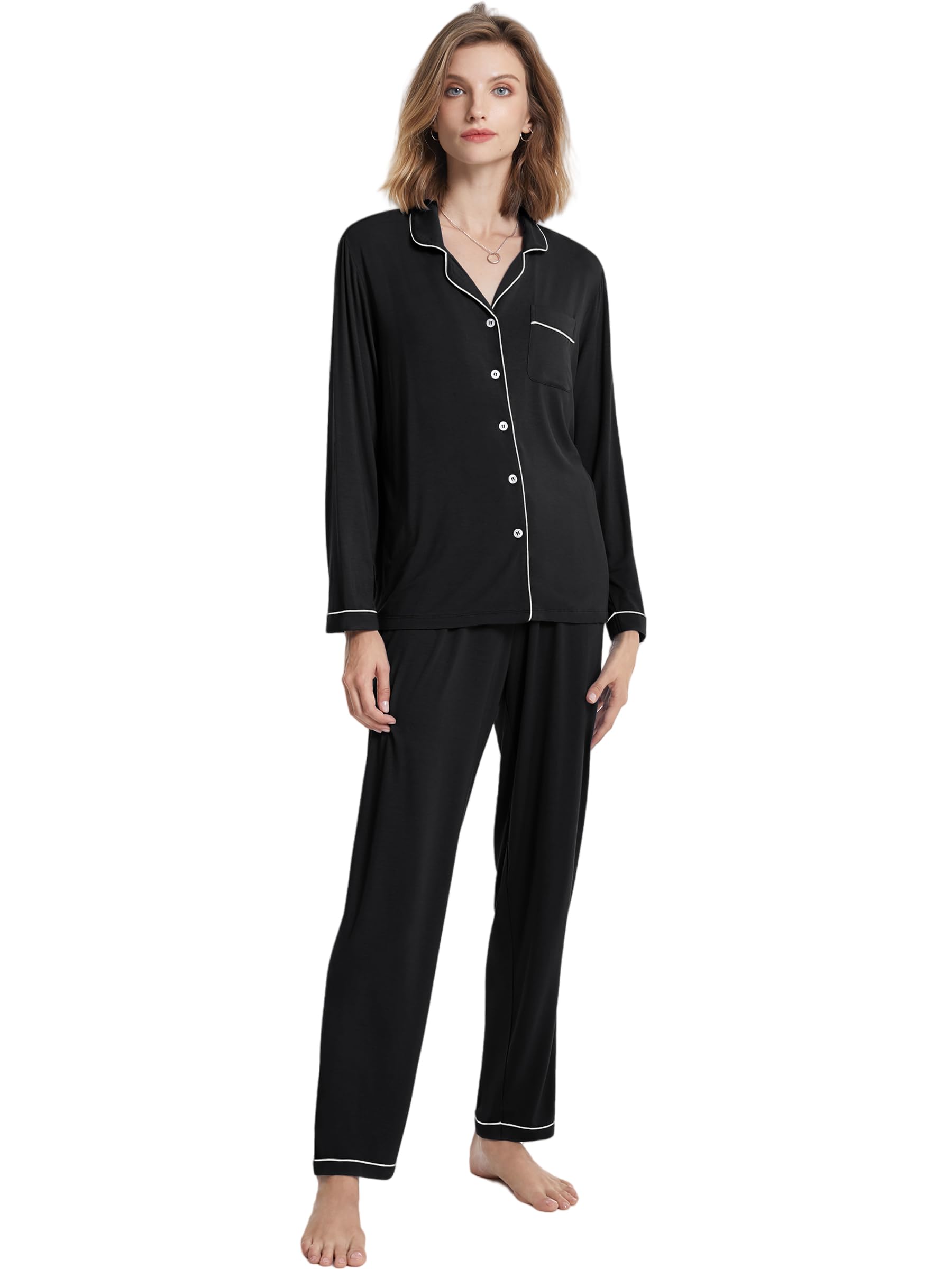 SIORO Womens Pajamas Set Long Sleeve, Button Down Cotton Pj Sets For Women Soft Nightwear,Black With White Piping, Small