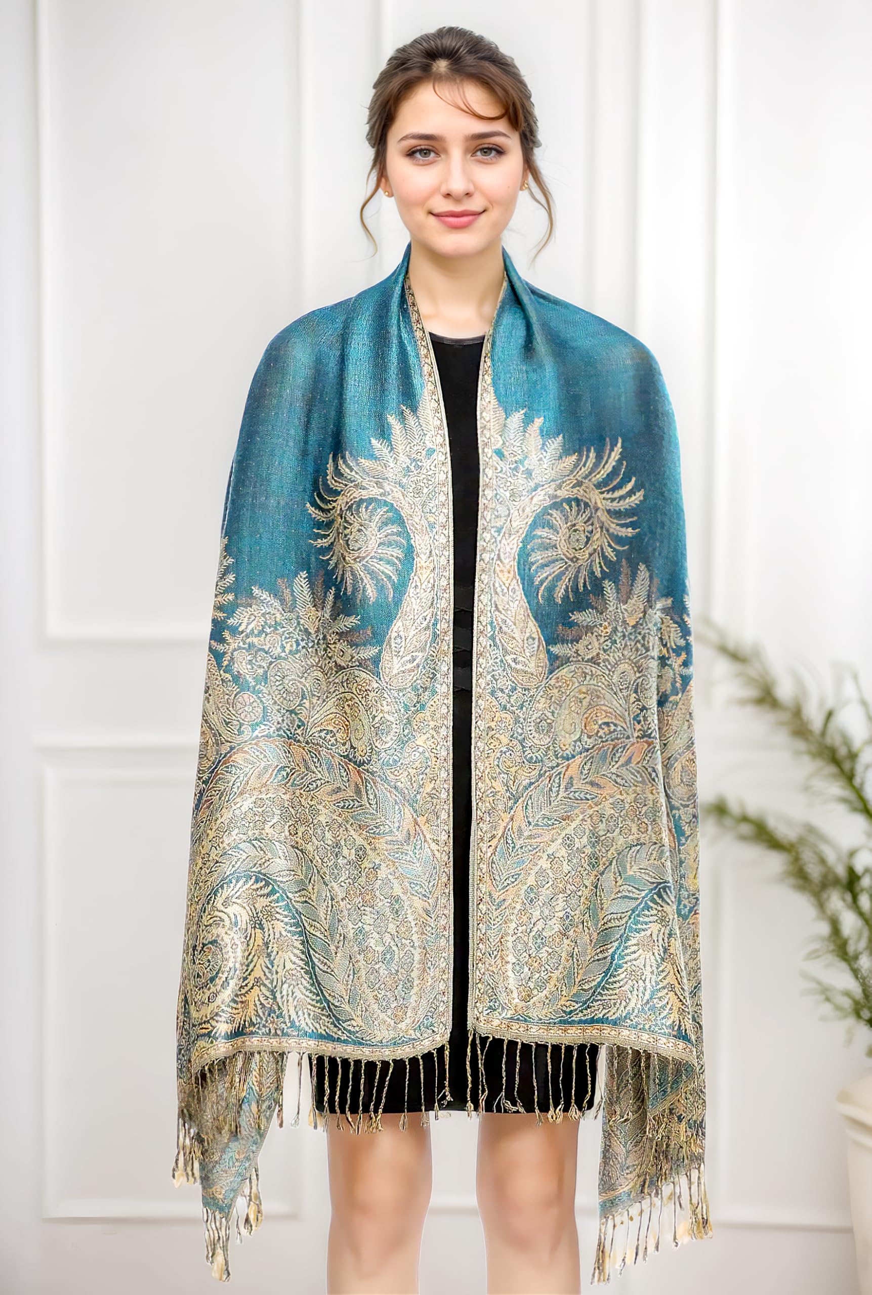 Achillea Luxurious Double Layered Jacquard Big Paisley Pashmina Shawl Wrap Scarf (Turquoise)