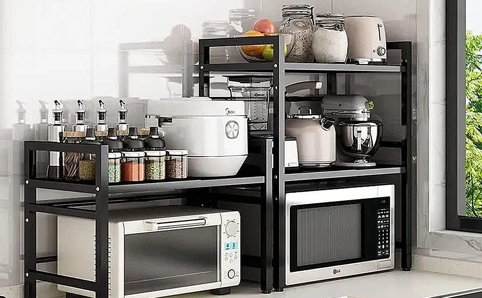 SIMCAS Extendable Microwave Oven Rack, 2-Tier Microwave Stand/Toaster Shelf Heavy Duty Kitchen Countertop Organizer Shelf, 160lbs Weight Capacity, Easy Installation Carbon Steel Upgraded Bearing,Black