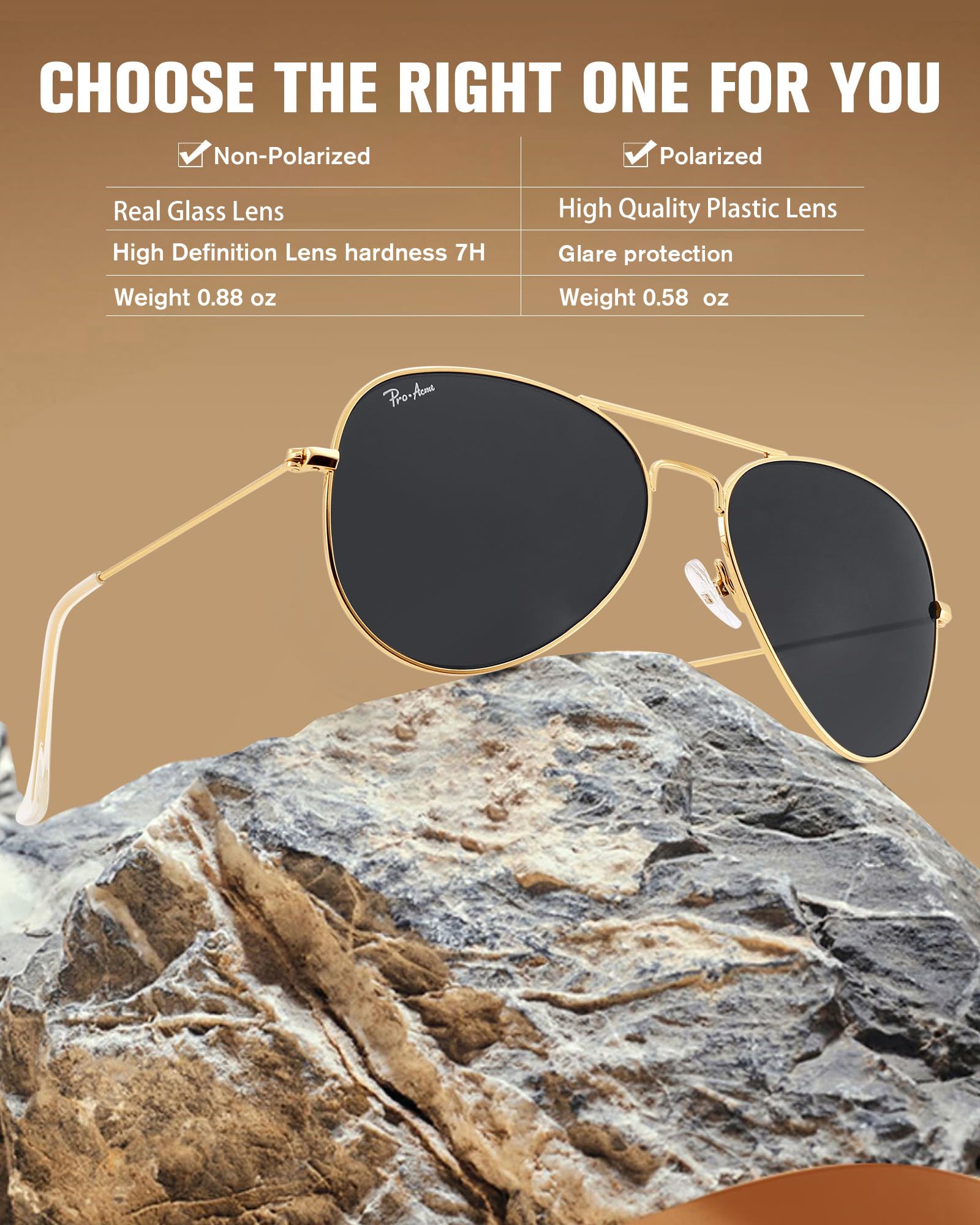 Pro Acme Classic Aviator Sunglasses for Men Women 100% Real Glass Lens (Gold/Grey)