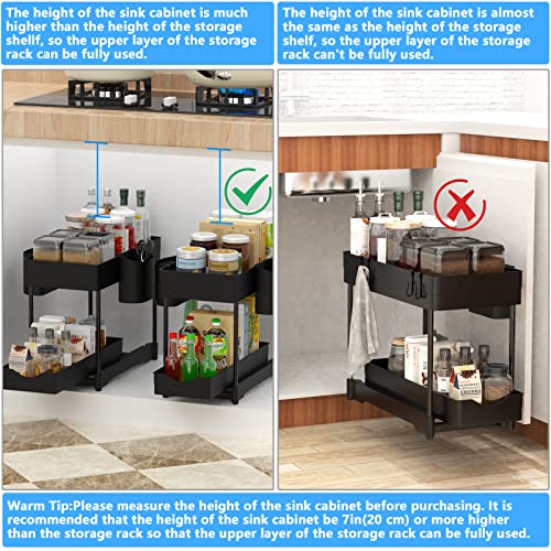 4 Pack 2-Tier Under Sink Organizer with Sliding Storage Drawer, Multi-Purpose Under Sliding Cabinet Shelf Basket Collection Organizer Drawer for Bathroom Kitchen with Hanging 8 Cup and 16 Hooks