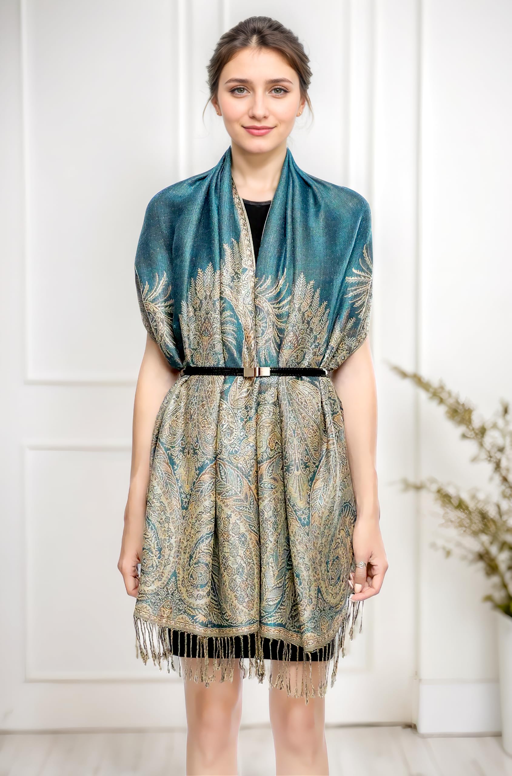 Achillea Luxurious Double Layered Jacquard Big Paisley Pashmina Shawl Wrap Scarf (Turquoise)