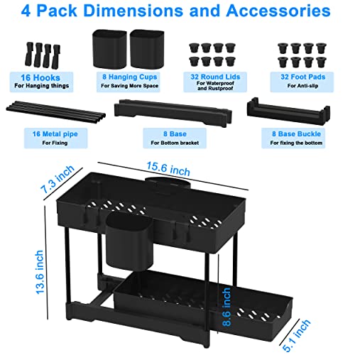 4 Pack 2-Tier Under Sink Organizer with Sliding Storage Drawer, Multi-Purpose Under Sliding Cabinet Shelf Basket Collection Organizer Drawer for Bathroom Kitchen with Hanging 8 Cup and 16 Hooks
