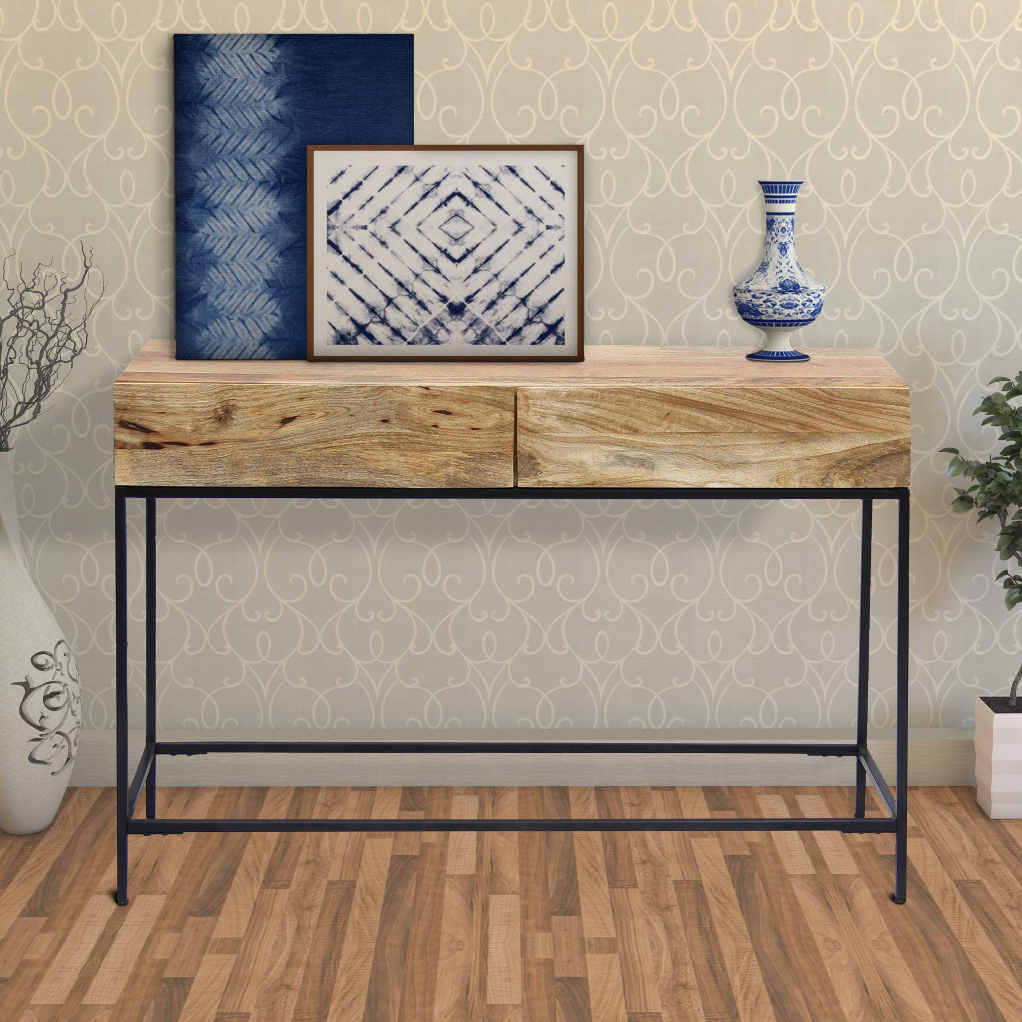 The Urban Port Mango Wood and Metal Console Table with Two Drawers, Brown