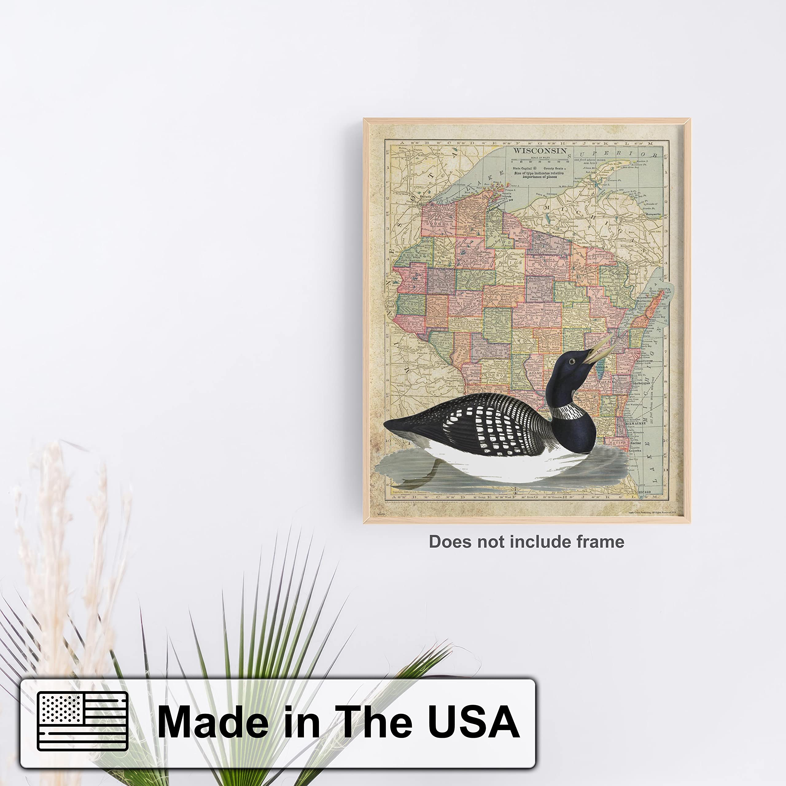 Apple Creek Wisconsin State Map Common Loon Call Decoy Poster Art Print 11x14 Cabin Wall Decor Pictures