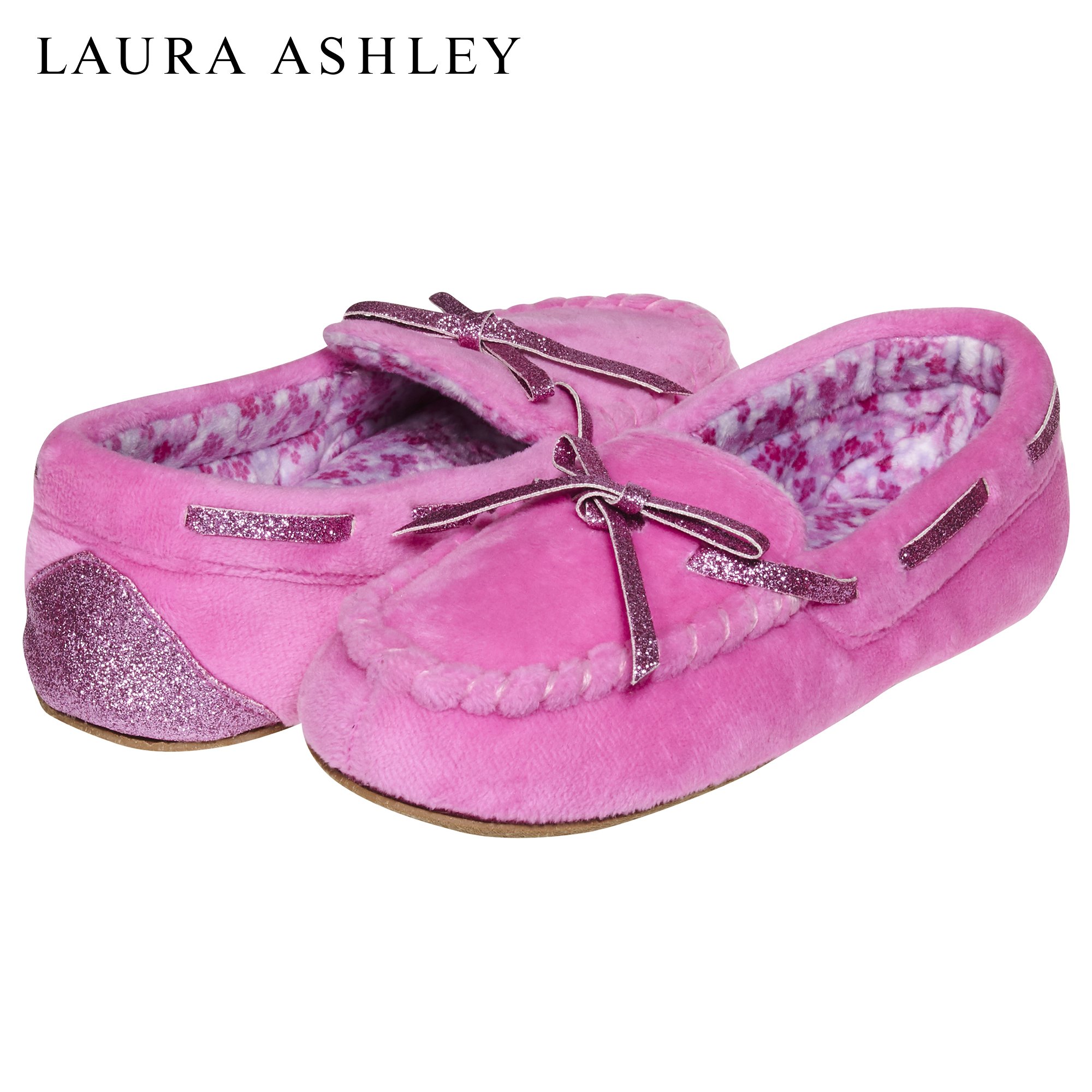 Laura Ashley Kids Girls Fleece Glitter and Bow Moccasins Fuschia 2/3
