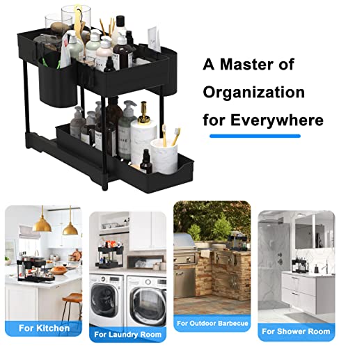 4 Pack 2-Tier Under Sink Organizer with Sliding Storage Drawer, Multi-Purpose Under Sliding Cabinet Shelf Basket Collection Organizer Drawer for Bathroom Kitchen with Hanging 8 Cup and 16 Hooks