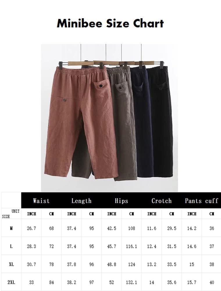 Minibee Women's Elastic Waist Casual Crop Linen Pull On Pants Wine 2XL