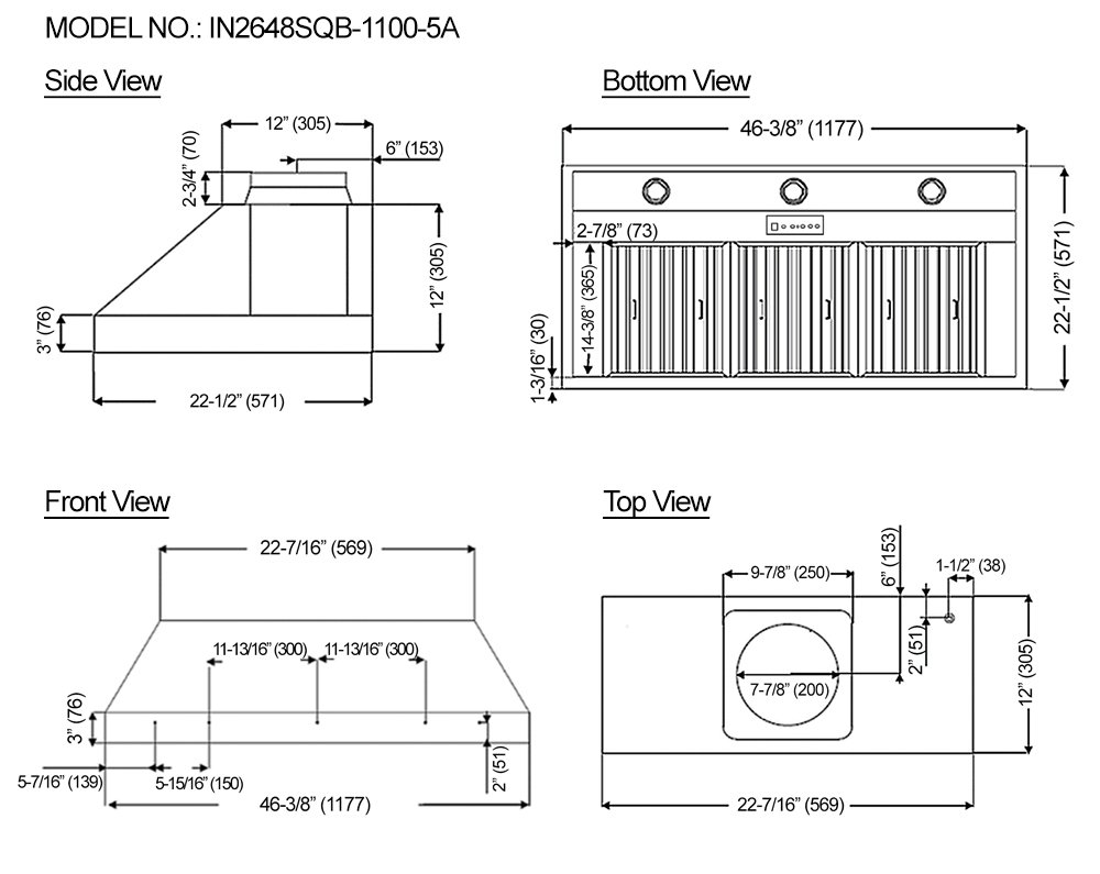 KOBE IN2648SQB-1100-5A Deluxe 48" Built-In/ Insert Range Hood, 6-Speed, 1100 CFM, LED Lights, Baffle Filters, Stainless steel