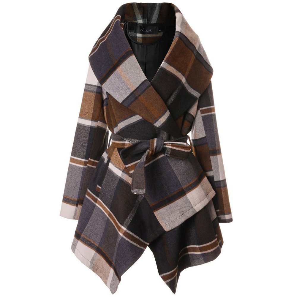 CHICWISH Women's Turn Down Shawl Collar Open Front Earth Tone Check Asymmetric Hemline Wool Blend Coat, Brown, Small