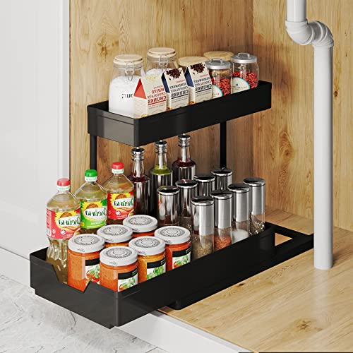 Karlsitek Under Sink Organizer,2-Tier Bathroom Organizer,L-Shape One Sliding Under Cabinet Storage Organizer with 1 Hanging Cup and 4 Hooks,Under Sink Organizers and Storage for Kitchen Bathroom