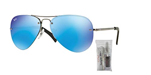 Ray-Ban RB3449 004/55 59M Gunmetal/Plastic Lens Light Green Blue Mirror Aviator Sunglasses For Men + BUNDLE with Designer iWear Eyewear Care Kit