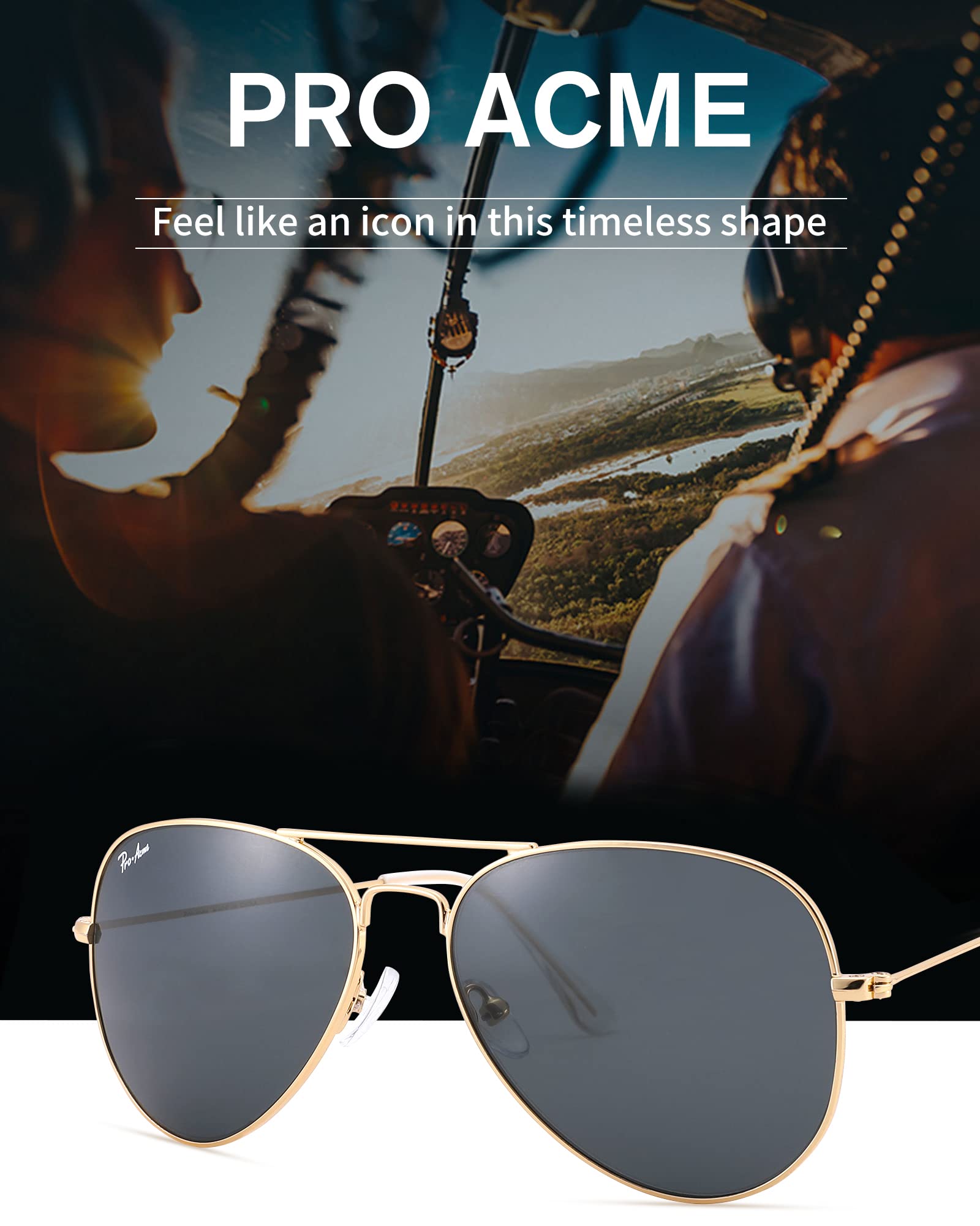 Pro Acme Classic Aviator Sunglasses for Men Women 100% Real Glass Lens (Gold/Grey)
