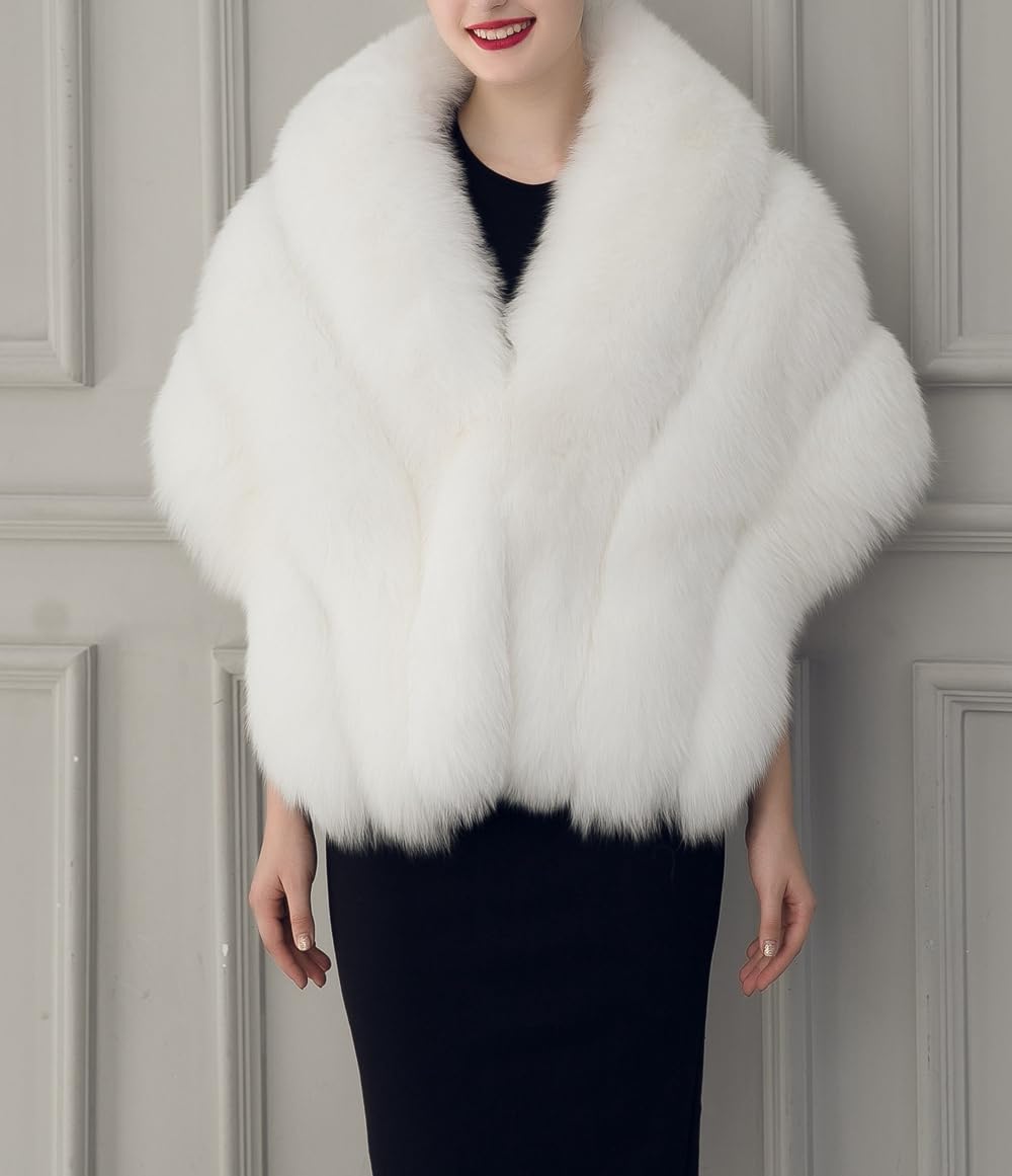 UMREN Women's Luxury Party Faux Fox Fur Long Shawl Cloak Cape for Winter Pink A