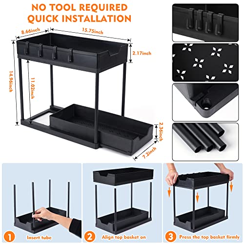Under Sink Bathroom Cabinet Organizer, Double Sliding out Drawer Kitchen Organization, Multi-use For Vanity Counter Kitchen Storage with Hook, Black