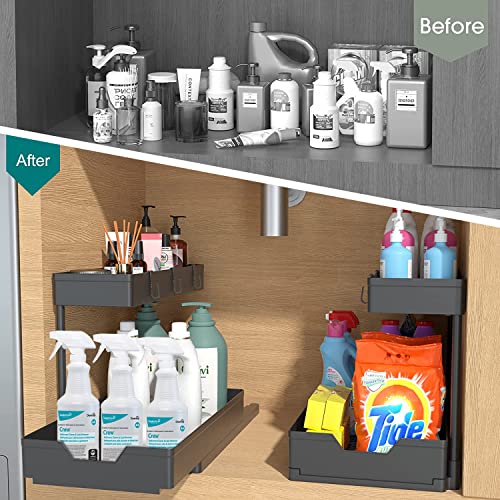 Karlsitek Under Sink Organizer,2-Tier Bathroom Organizer,L-Shape One Sliding Under Cabinet Storage Organizer with 1 Hanging Cup and 4 Hooks,Under Sink Organizers and Storage for Kitchen Bathroom