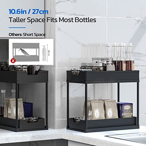 Verdenu Under Sink Organizer, 2 Tier Sliding Drawer Pull Out Organizer and Storage, Under Cabinet Organizer, Bathroom Organizer Under Sink with Hanging Cups and 4 Hooks for Bathroom, Kitchen