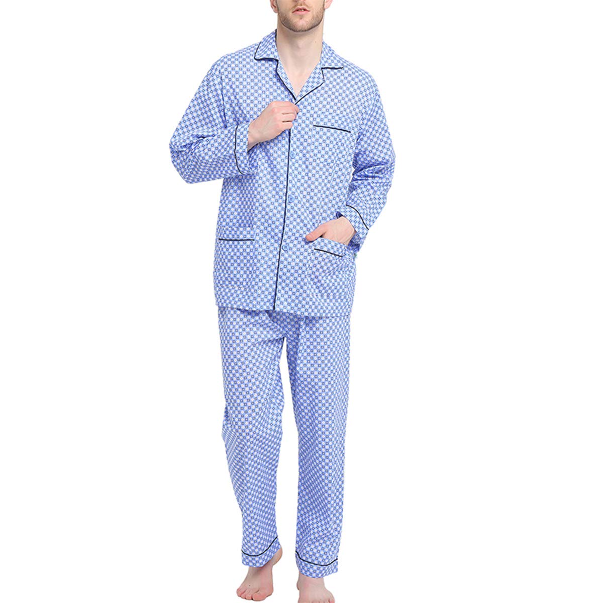 GLOBAL Mens Pajamas Set, 100% Cotton Woven Drawstring Sleepwear Set with Top and Pants/Bottoms