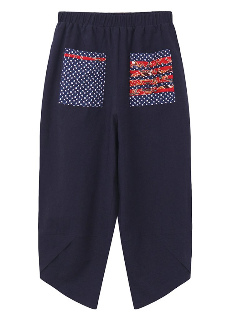 Minibee Women's Baggy Linen Wide Leg Trousers Casual Patchwork Elastic Waist Harem Pants Navy Blue 2XL