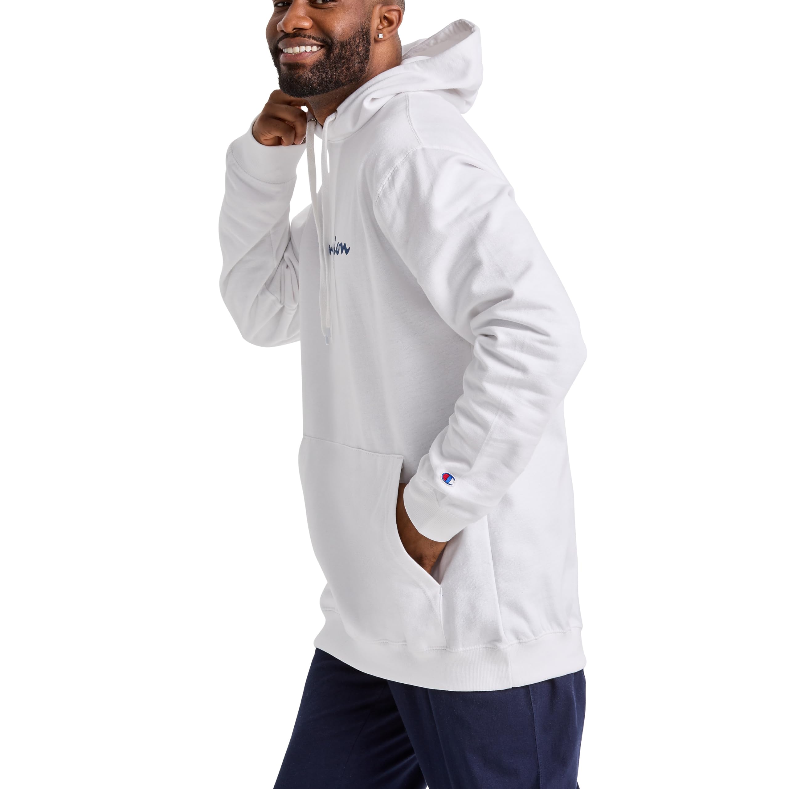 Champion mens Powerblend Fleece Comfortable Hoodie Sweatshirt, White Script, Large