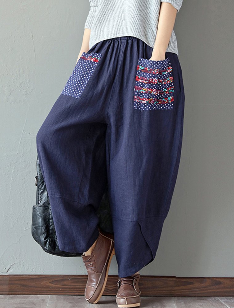 Minibee Women's Baggy Linen Wide Leg Trousers Casual Patchwork Elastic Waist Harem Pants Navy Blue 2XL