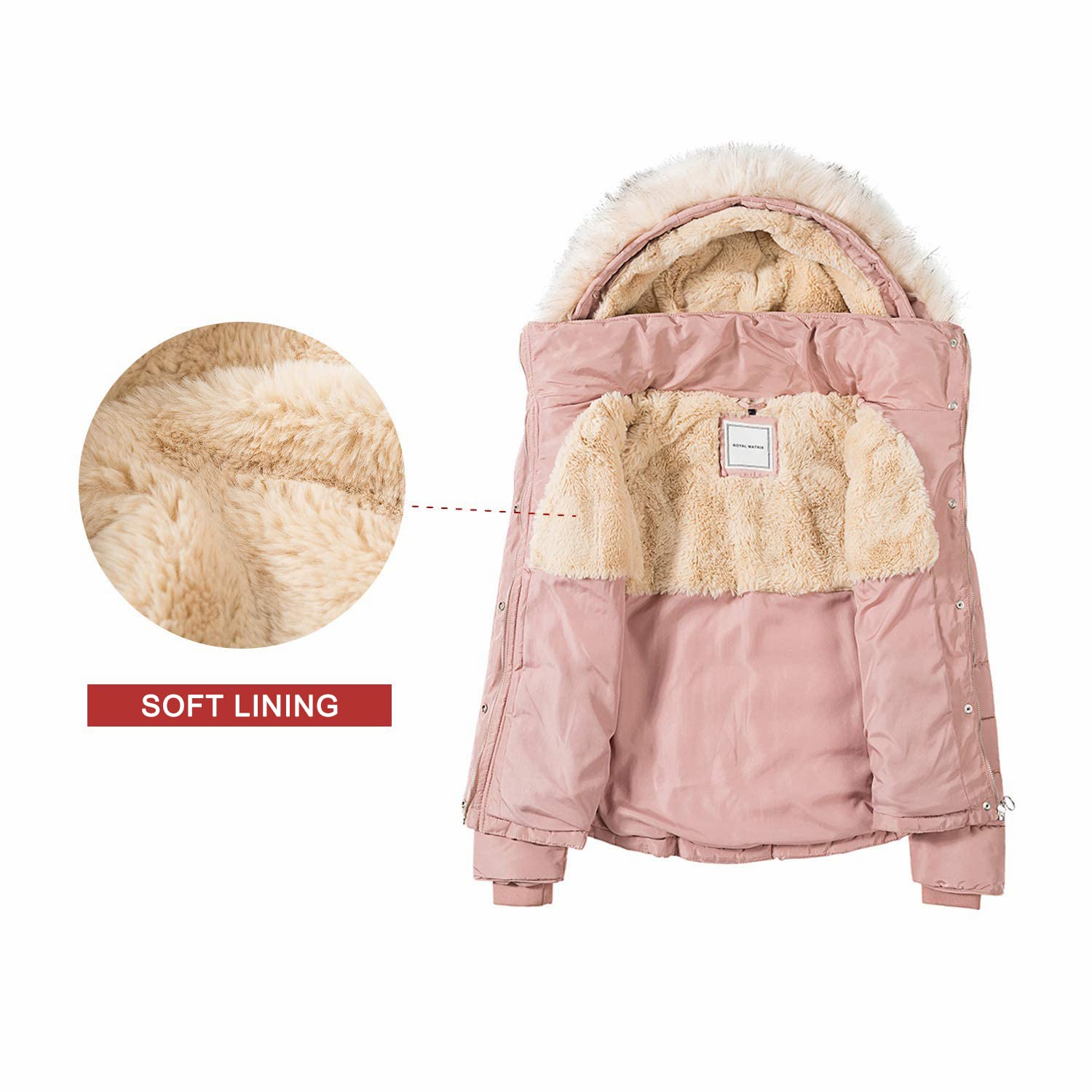 Royal Matrix Women's Heavy Short Quilted Puffer Coat Removable Faux Fur (Pink, Extra Large)
