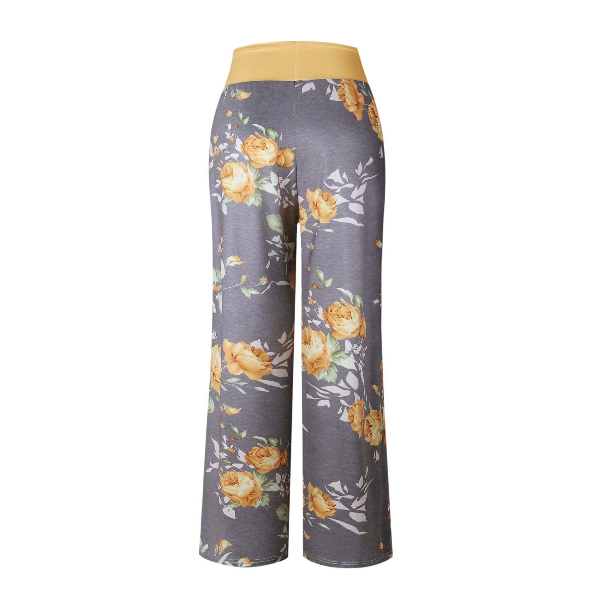 iChunhua Women's Comfy Stretch Floral Print Drawstring Palazzo Wide Leg Lounge Pants(XL,Yellow)