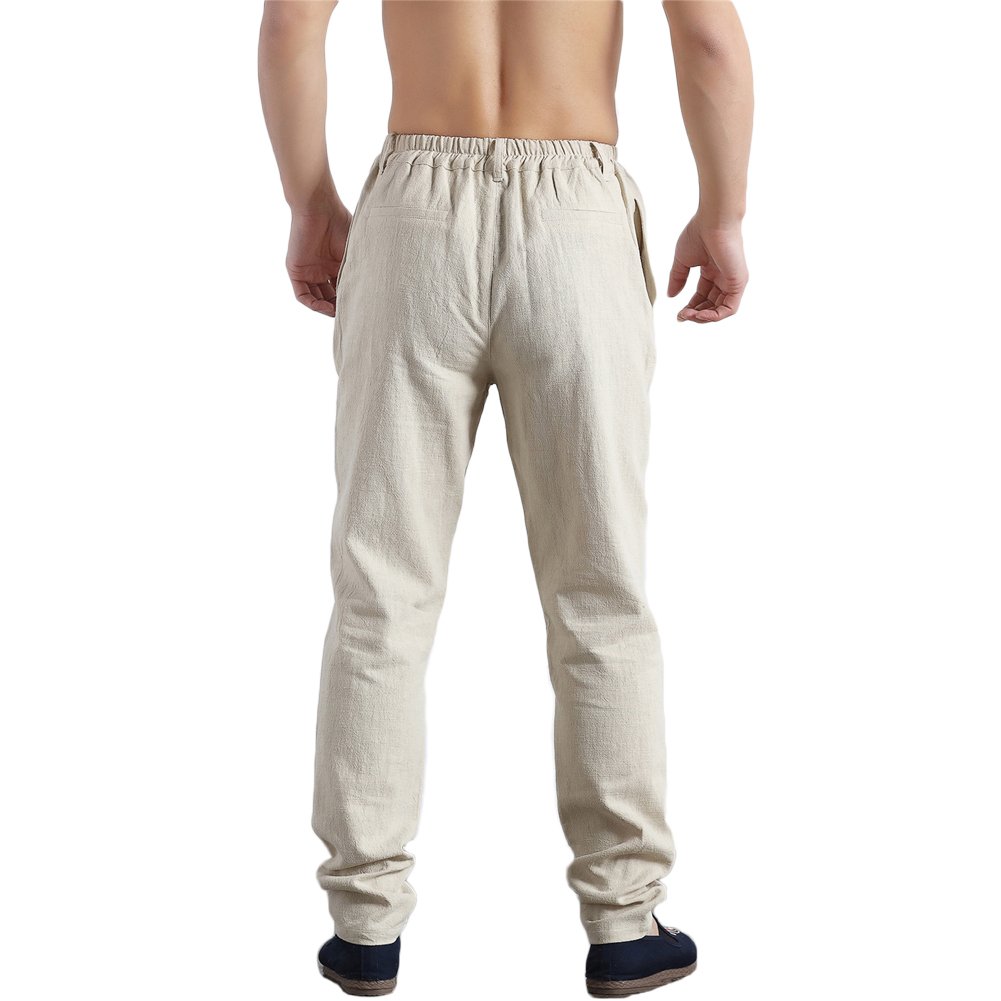 LZJN Men's Linen Slim-Fit Casual Pants LeisureTrousers Back Elastic Waistband with Pockets (Beige, XL)