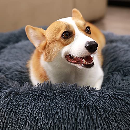 Luciphia Round Dog Cat Bed Donut Cuddler, Faux Fur Plush Pet Cushion for Large Medium Small Dogs, Self-Warming and Cozy for Improved Sleep Dark Grey, Medium(23"x23")