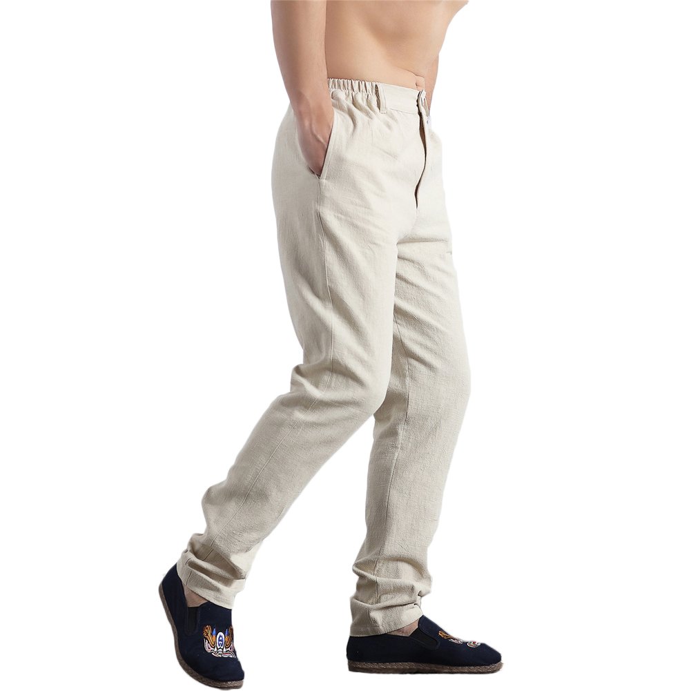 LZJN Men's Linen Slim-Fit Casual Pants LeisureTrousers Back Elastic Waistband with Pockets (Beige, XL)