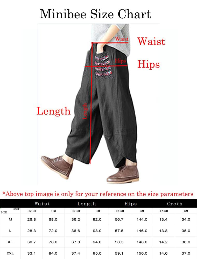 Minibee Women's Baggy Linen Wide Leg Trousers Casual Patchwork Elastic Waist Harem Pants Navy Blue 2XL