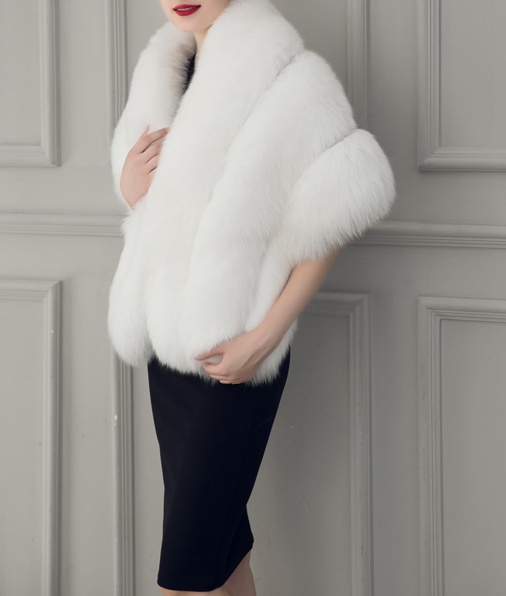 UMREN Women's Luxury Party Faux Fox Fur Long Shawl Cloak Cape for Winter Pink A