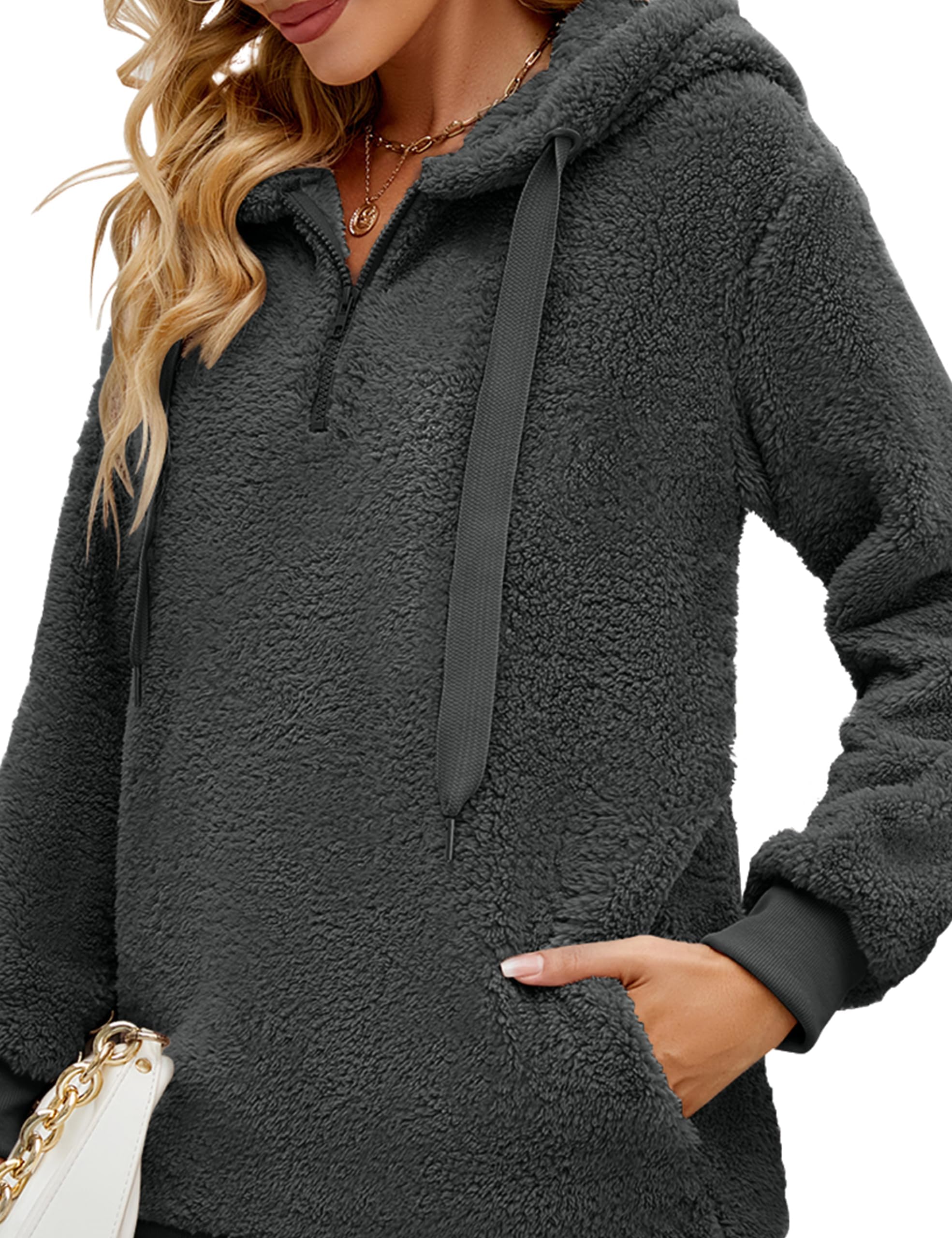 Yanekop Womens Hoodies Sherpa Pullover Sweater Fuzzy Fleece Sweatshirt Oversized Hoodie Cozy Outerwear with Pockets(A Dark Gray,S)