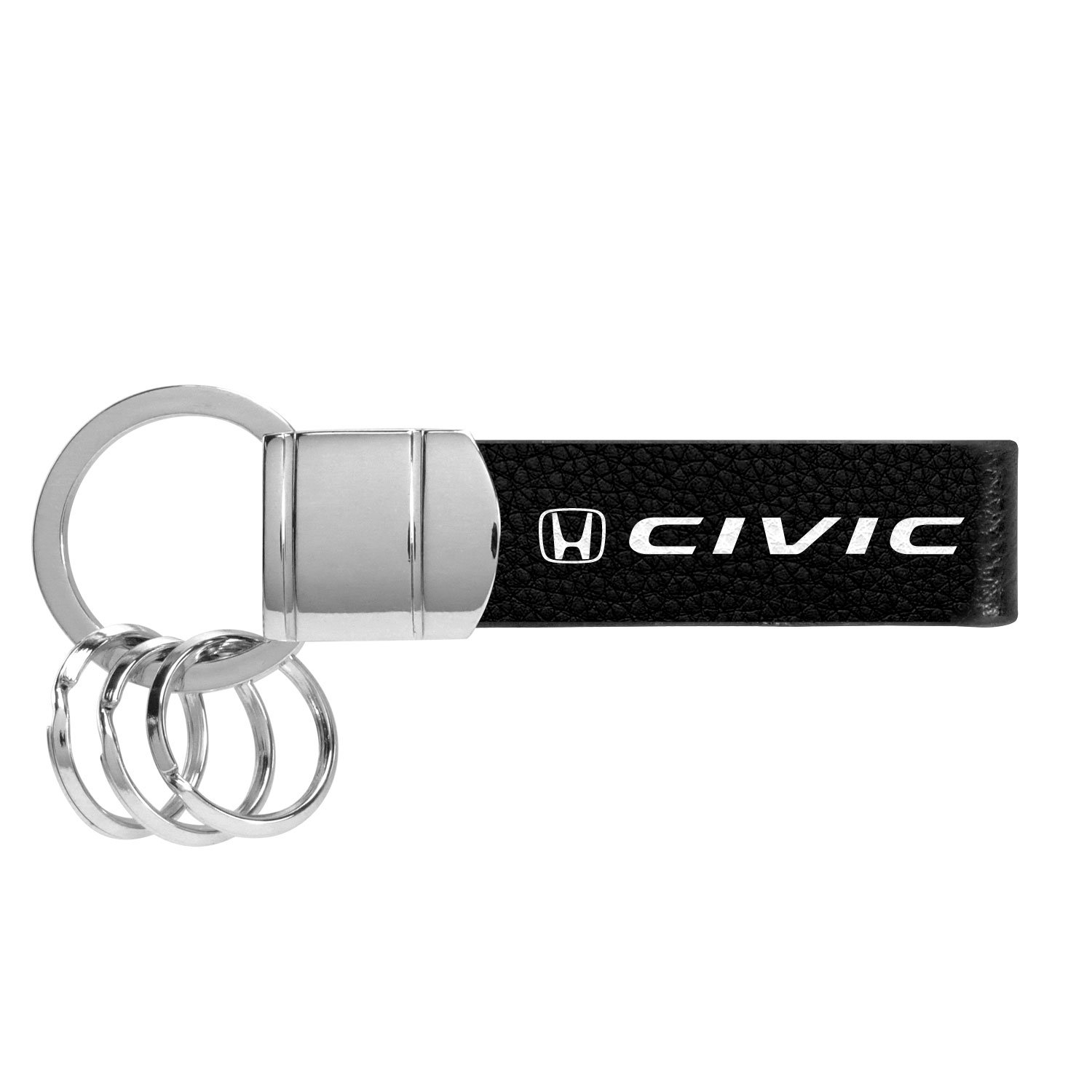 iPick Image Compatible with Honda Civic Black Real Leather Strap Chrome Round Hook Metal Key Chain