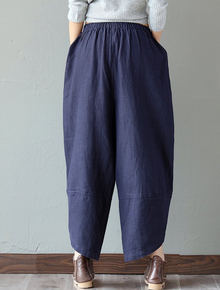 Minibee Women's Baggy Linen Wide Leg Trousers Casual Patchwork Elastic Waist Harem Pants Navy Blue 2XL