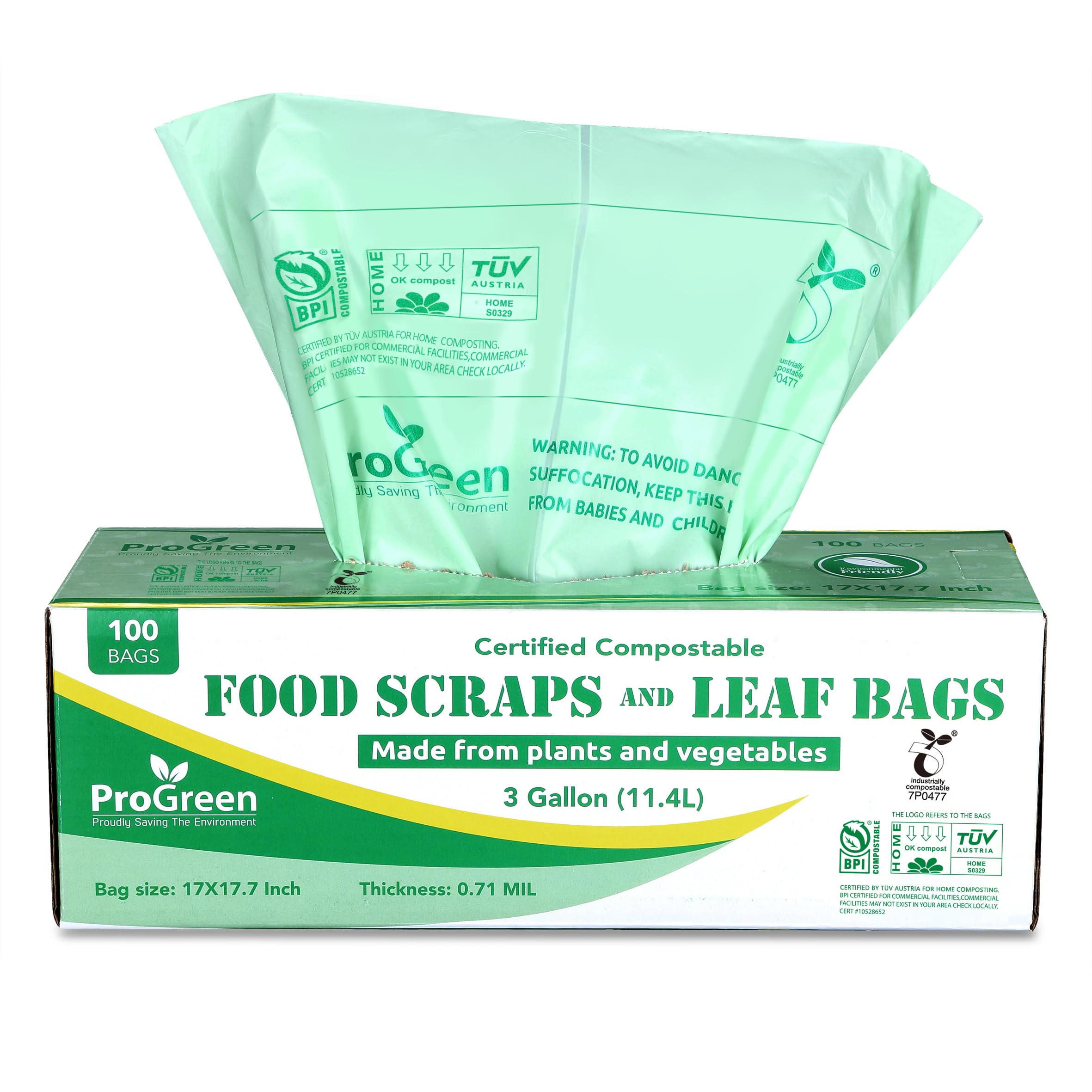 ProGreen Compostable Trash Bags 3 Gallon, Extra Thick 0.71 Mil, 100 Count, Small Kitchen Compost Bin Bags, Food Scraps Yard Waste Bags, Compost ASTM D6400 BPI and TÜV AUSTRIA Certified